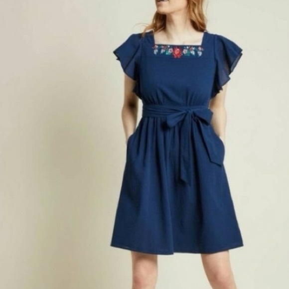Modcloth | Dresses | Modcloth Cottage Homage Aline Navy Embroidered ...